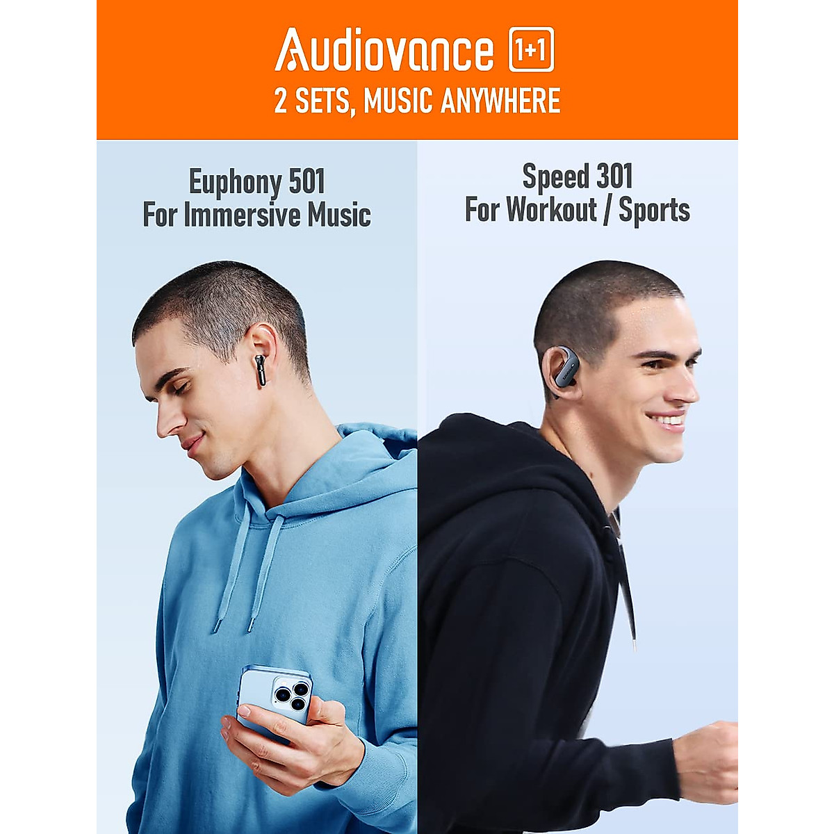 Audiovance 2 Sets Wireless Earbuds Bluetooth Headphones Ideal Gifts, Euphony 501 & Speed 301, 2 Sets Wireless Ear Buds for iPhone & Android (SPEU 501)