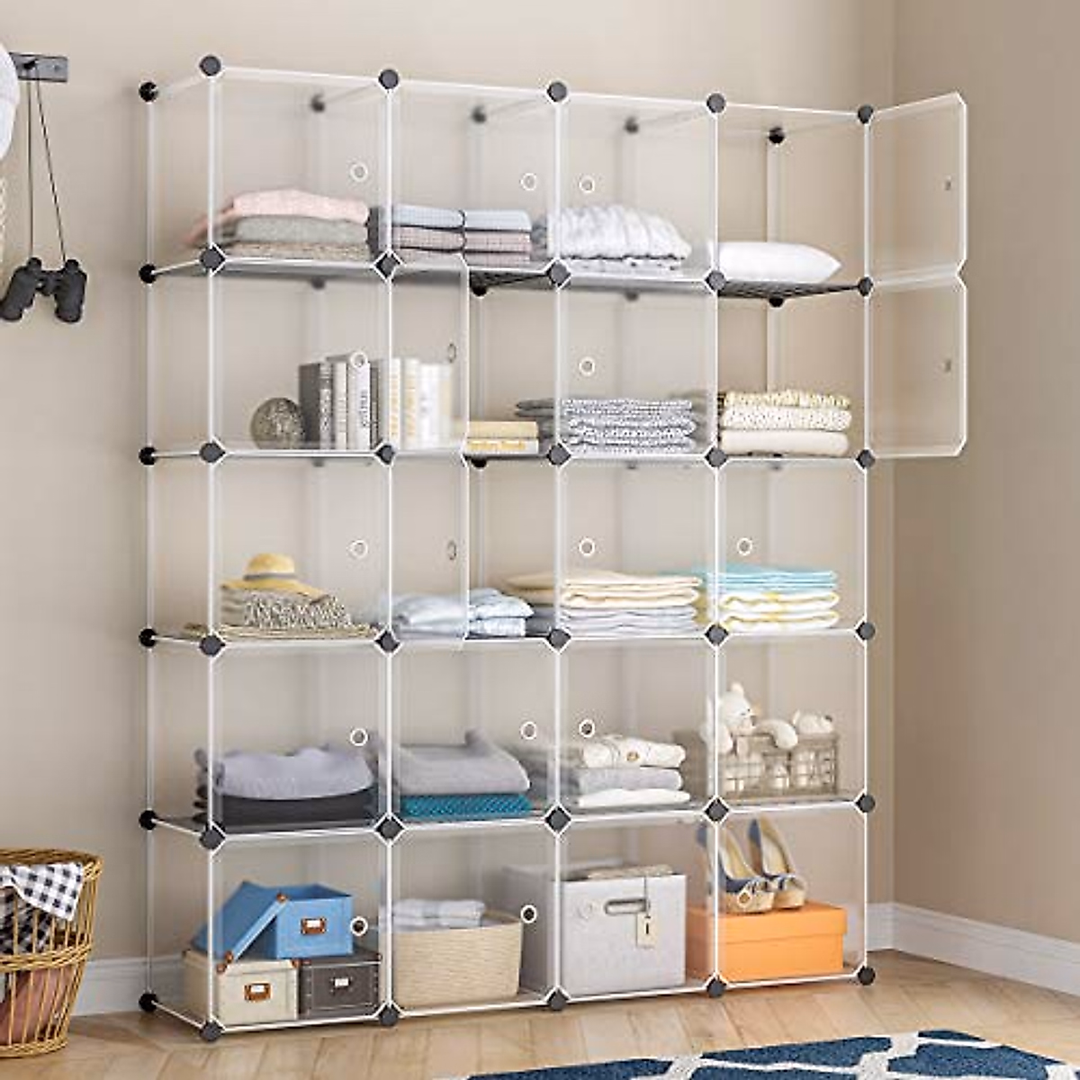 KOUSI Portable Storage Cubes-14 x14 Cube (20 Cubes)-More Stable (add Metal Panel) Cube Shelves with Doors, Modular Bookshelf Units，Clothes Storage Shelves，Room Organizer for Cubby Cube