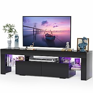 JUMMICO TV Stand, Modern Lighting TV Cabinet Entertainment Center Media and Open Shelf, TV Console Table with 1 Drawer and Remote Control, 20 Color LED Lights up to 70 Inch TV (Black)