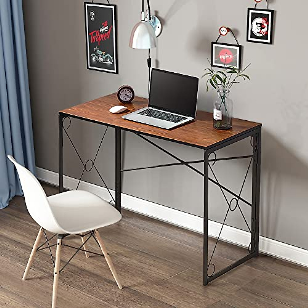 VECELO Folding Computer Desk 39.4'', Simple Laptop Table Home Office Workstation for Reading Writing, No Assembly Needed, Small Space, Teak Brown
