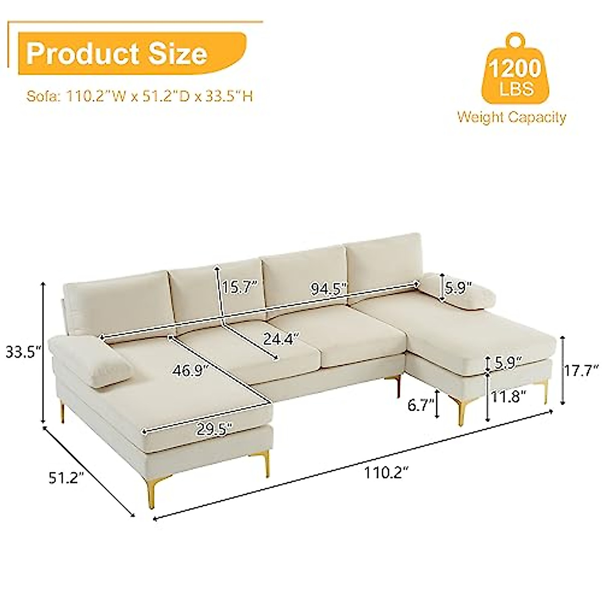 Karl home Convertible Sectional Sofa 110" U-Shape Sofa Couch 4-Seat Couch with Chaise Fabric Upholstered for Living Room, Apartment, Office, Beige