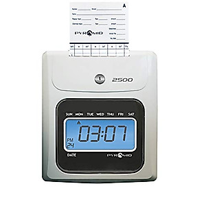 Pyramid Time Systems 2500K1 Bundle, Includes Model 2500 Auto Aligning and Top Loading Time Clock, 100 time Cards, Two Ink Ribbon cartridges, one 10 Slot time Card Rack and Two Security Keys