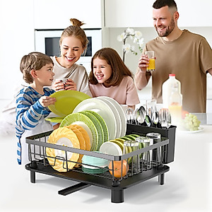 YUWENUS Dish Drying Rack, Space-Saving Dish Rack for Kitchen Counter, Anti-Rusty Stainless Steel Dish Drainer with Utensil Holder, escurridor de platos for Kitchen (Black)