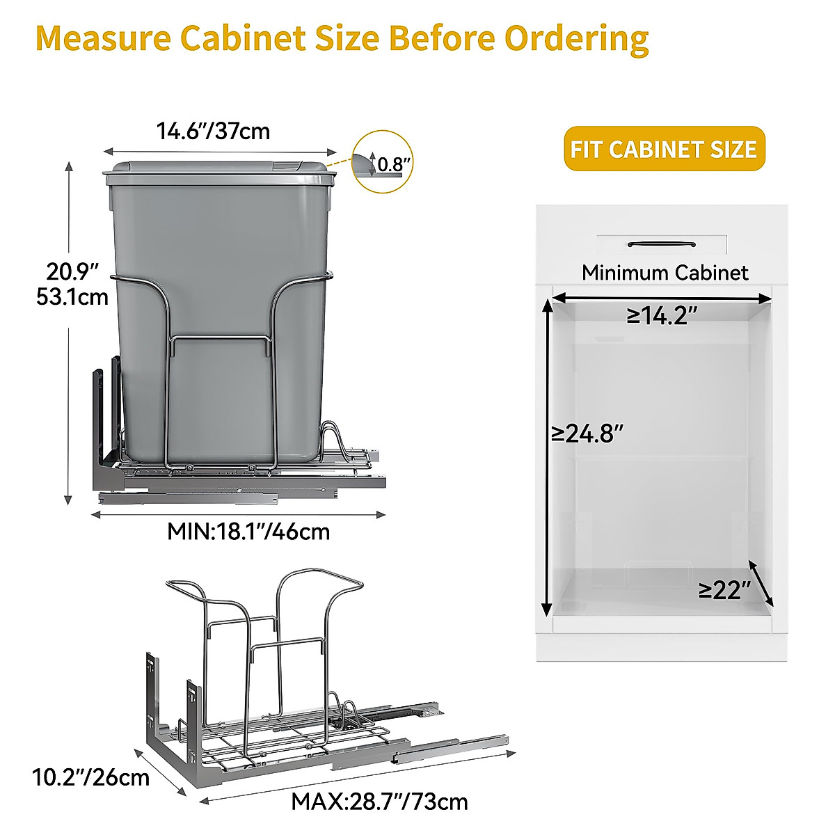 34-Quart Pull-Out Trash Can with Soft Close and Lid for 14.2" W x 22" D x 24.8" H Min Cabinets, Sliding Under Mount Kitchen Pullout Waste Container Trash Can, Gray