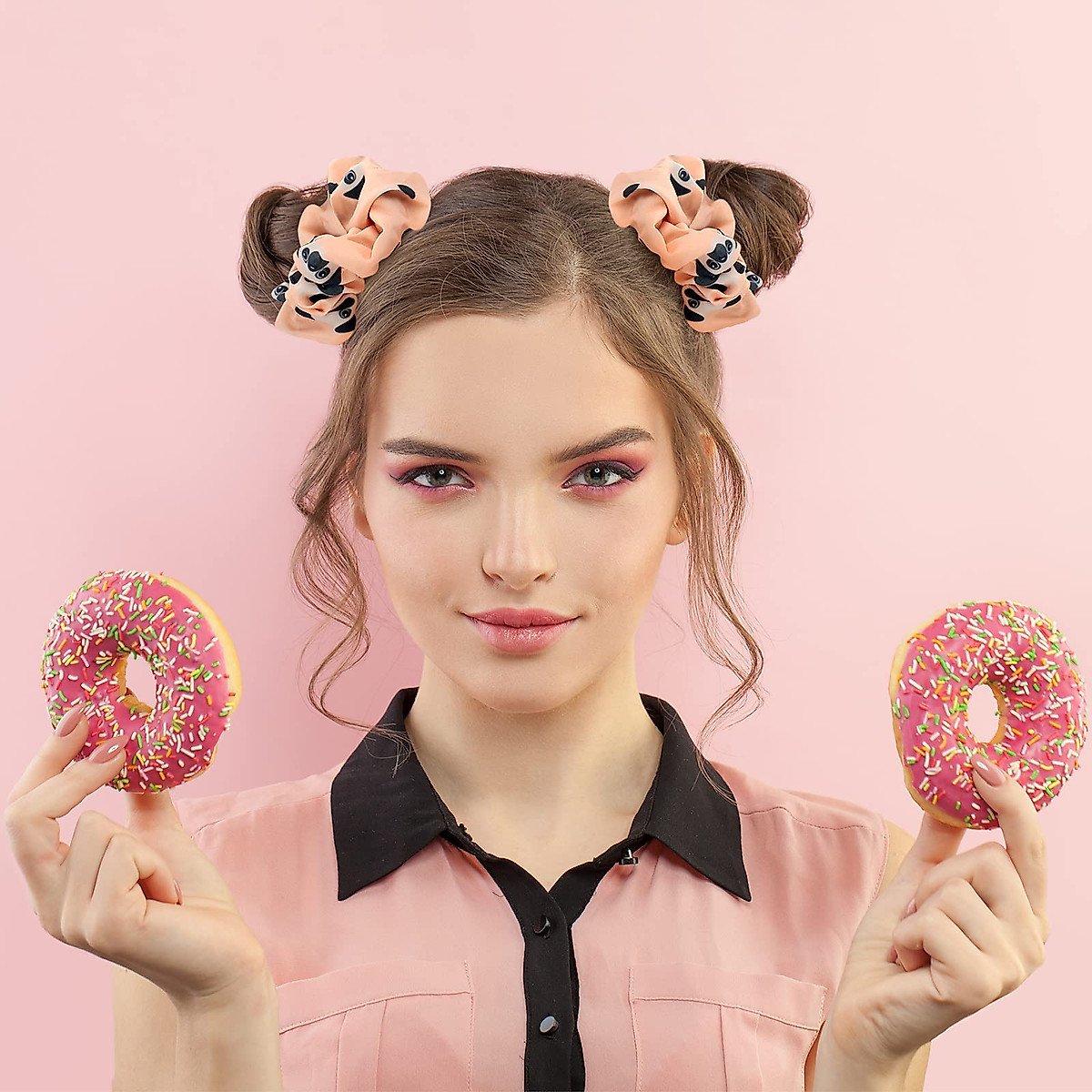 8 Pieces Pug Dog Hair Scrunchies with Funny Pug Dogs Makeup Bag and 50 Pieces Kawaii Pug Dog Stickers, Cotton Rounds Elastic Hair Bands Girls Hair Accessories and Cosmetic Bags Organizer for Girls