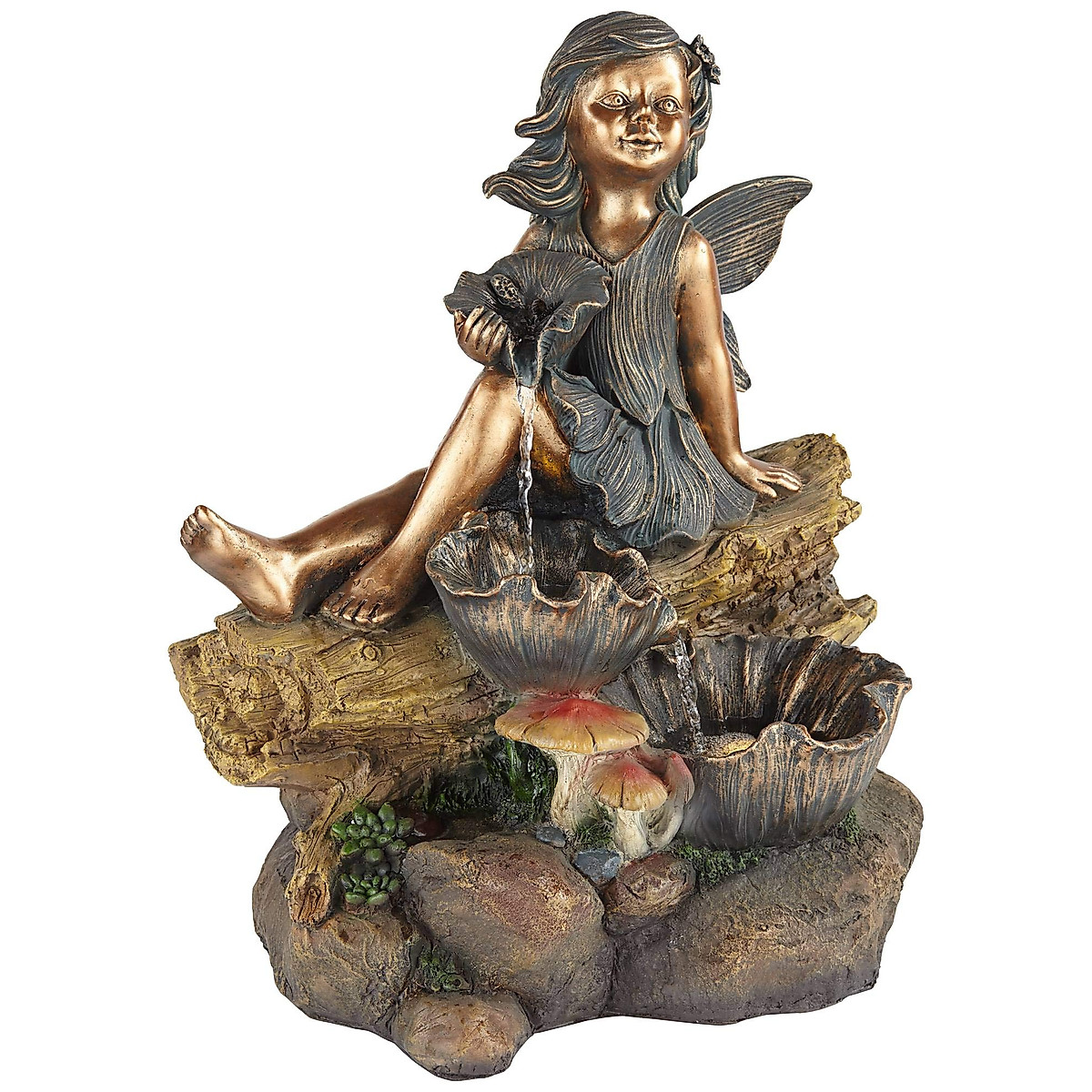 Bronze Garden Fairy Fountain with Light LED Indoor Outdoor Water Feature 24" High Cascading Resin Sculpture for Garden Patio Yard Deck Home Lawn Porch House Relaxation Exterior - John Timberland