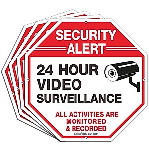 (4 Pack) "Security Alert, 24 Hour Video Surveillance, All Activities Monitored" Signs,10x10 Inches .040 Aluminum Reflective Warning Sign for Home Business CCTV Security Camera, Indoor or Outdoor Use