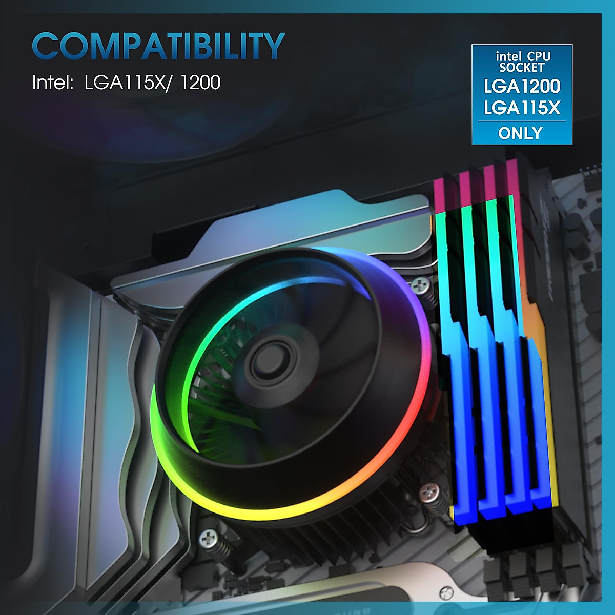 Vetroo Shadow Low-Profile CPU Cooler, 90mm Addressable RGB & PWM Fan, Premium Aluminum Fins 95W TDP Air Cooler for Intel LGA 1200/115X