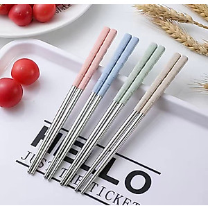 4 Pairs Chopsticks, Household Creative Tableware, Stainless Steel Chopsticks, Outdoor Portable Tableware Chopsticks Food Sticks With Wheat Straw, 7.46in (Pink)