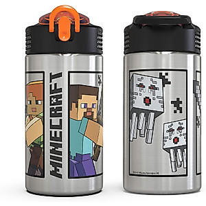 Zak Designs Minecraft - Stainless Steel Water Bottle with One Hand Operation Action Lid and Built-in Carrying Loop, with Straw Spout is Perfect for Kids (15.5 oz, 18/8, BPA-Free)