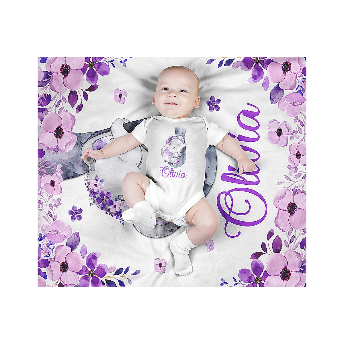Personalized Cute Purple Elephant Animal Floral Baby Name Blanket Throw Fleece Swaddle Shower Super Soft Blanket Newborn Gifts for Baby Girl Daughter New Kid Bed Couch Sofa Decor