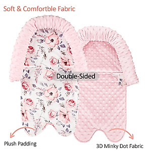 Baby Head Support and Strap Cover for Car Seat, Mink Infant Carseat Headrest for Girls, Newborn Car Seat Insert Cushion for Strollers, Pink Floral