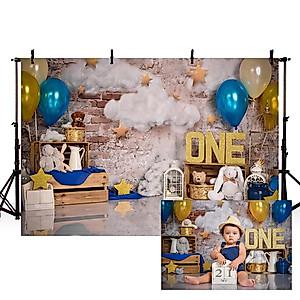 MEHOFOTO Blue and Gold Boy One Birthday Photo Studio Portrait Backdrop Props Balloons Cloud Stars Retro Wall Happy 1st Birthday Party Decorations Photography Background Banner 7x5ft