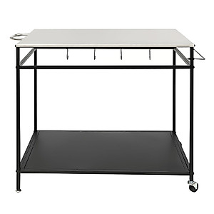Mobile Double-Shelf Outdoor Grill Cart, Stainless Steel Dining Cart Table with Hooks and Handles, Portable Dining Table for Pizza Oven, Portable Grill Table with Storage Space