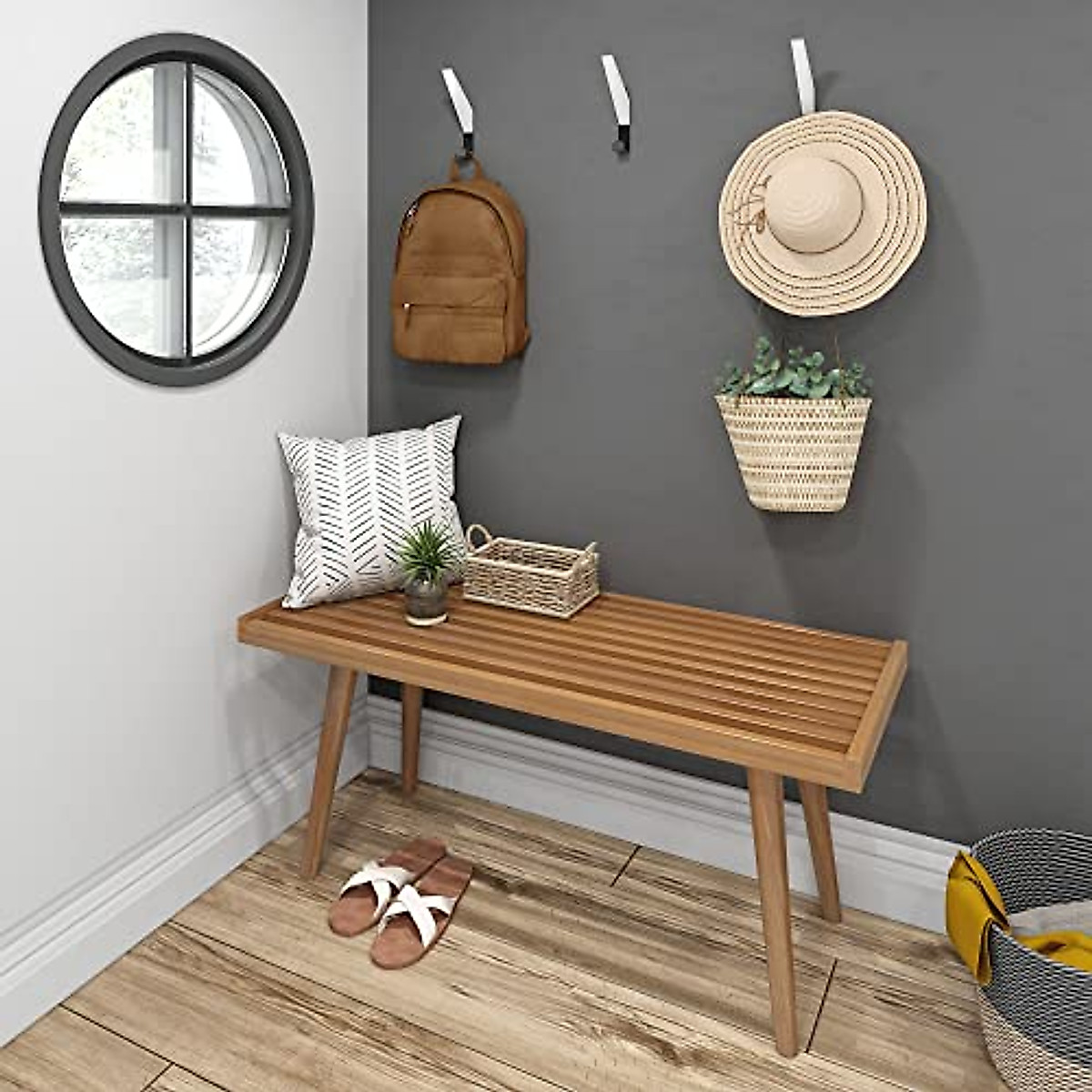 Plank+Beam Entryway Bench, Wooden End of Bed Bench for Bedroom, Mid-Century Modern Square Bench for Hallway, Living Room, Indoor, Porch, 41.25", Pecan