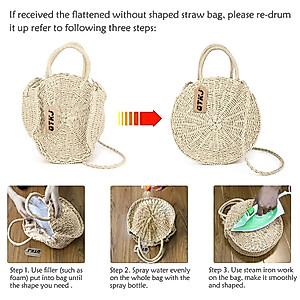 Women Straw Summer Beach Bag Handwoven Round Rattan Bag Cross Body Bag Shoulder Messenger Satchel (beige)