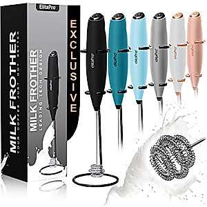 ElitaPro Luxury Edition, ‘Tornado’ effect Milk frother, Leading Tech Design, Triple Power Milk Frother Handheld, Rich Creamy Milk Foam in seconds (Black/Black)
