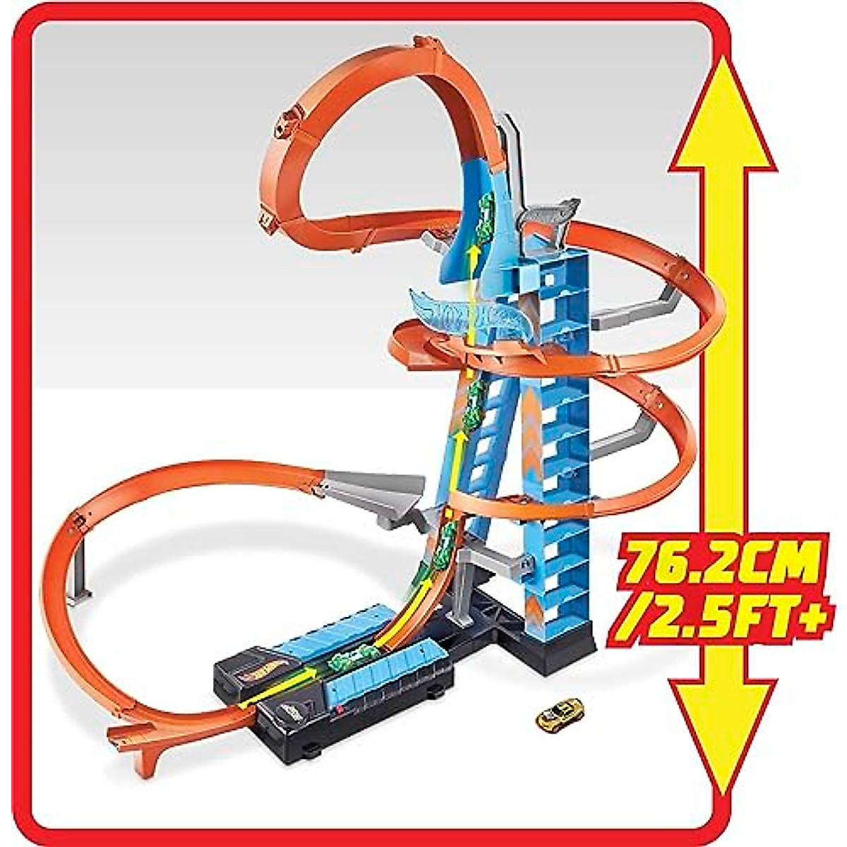 Hot Wheels Sky Crash Tower Track Set, 2.5+ ft High with Motorized Booster, Orange Track & 1 Hot Wheels Vehicle, Race Multiple Cars, Gift for Kids 5 to 10 Years Old & Up