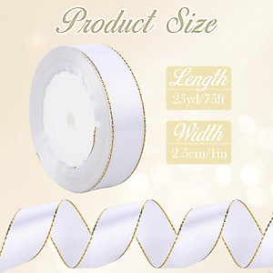 White Satin Ribbon Double Faced Fabric Ribbon with Gold Edges 1 Inch×25 Yards Gold Border Ribbon for Gift Wrapping Crafts Flower Bouquet Hair Bows Making Wedding Party Decoration