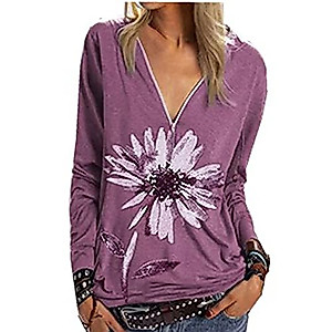 Mayntop Womens Tops Shirt Long Sleeve Big Flower Daisy Graphic Print Pattern Boho V-Neck Zipper Plus Size Loose Blouse(H Purple,M)