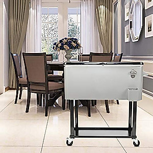 HomVent 80 Quart Rolling Cooler Cart Portable Outdoor Patio Cooler Cart on Wheels, Ice Chest Mobile Cooler Cart with Shelf ＆ Bottle Opener for Patio Pool Party (Stainless Steel)