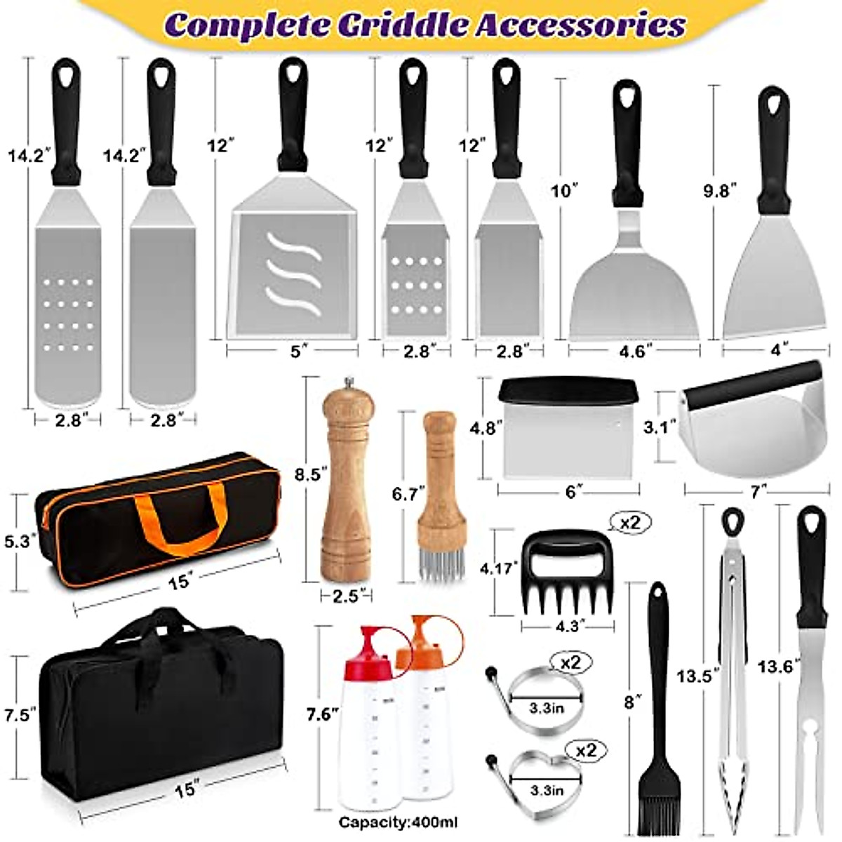 24Pcs Griddle Accessories Kit, Joyfair Outdoor BBQ Flattop Grill Tool Set, Heavy Duty Stainless Steel Spatulas/Scraps for Teppanyaki Camping Cooking, Burger Turner &2 Portable Bags, Dishwasher Safe