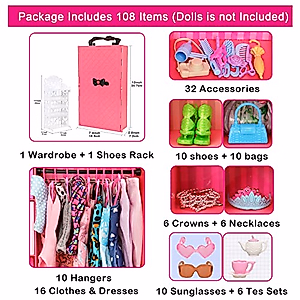 BARWA Fashion Closet Wardrobe 107 Pcs Doll Accessories 16 Pack Doll Clothes 1 Shoes Rack 84 Pcs Different Shoes Hanger Crown Necklace Glasses Doll Accessories Xmas Gift