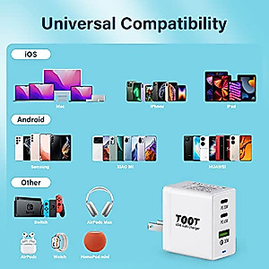 USB C Charger 65W PD 3.0 GaN Charger Type C Foldable Adapter with 3-Port Fast Wall Charger Compatible with iPhone 14/13/12 Pro/11, iPad Pro,3,Samsung, MacBook Pro/Air, Laptops(with USB C to C Cable)