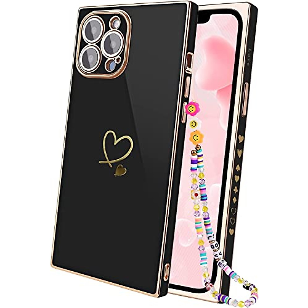 Newseego Square iPhone 12 Pro Max Case Women Girls Luxury Cute Plating Gold Love Heart Pattern Phone Case Soft TPU Full Camera Lens Protection Cover for iPhone 12 Pro Max with Cute Chain-Black