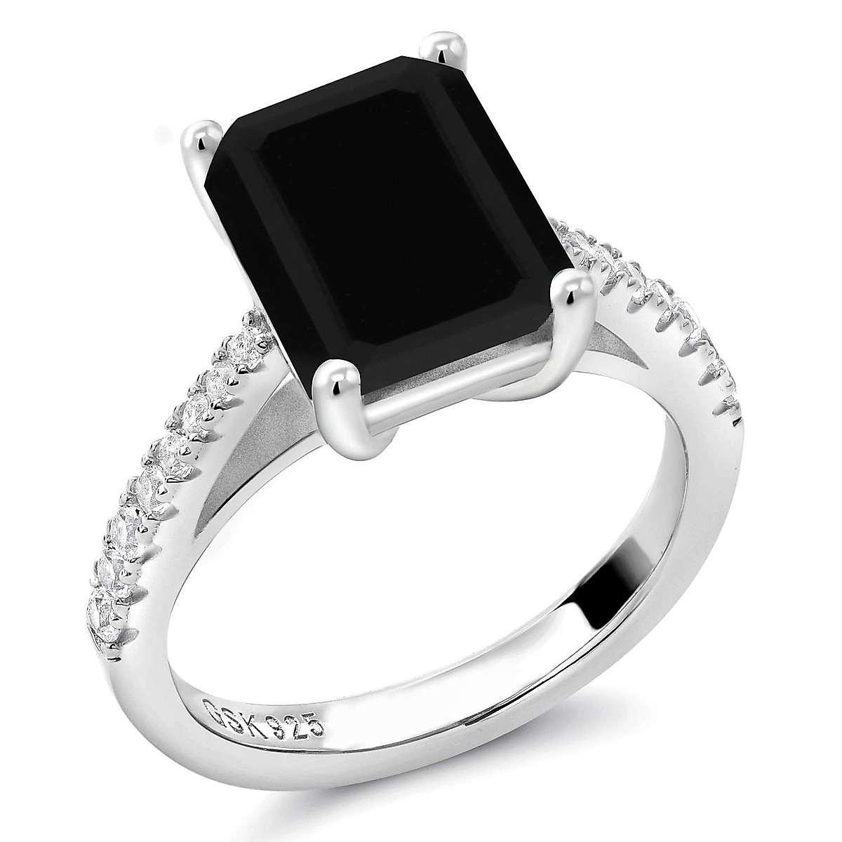 Gem Stone King 925 Sterling Silver Black Onyx and White Created Sapphire Women's Wedding Engagement Ring (3.39 Cttw, Gemstone Birthstone, 10X8MM Emerald Cut, Available In Size 5, 6, 7, 8, 9)