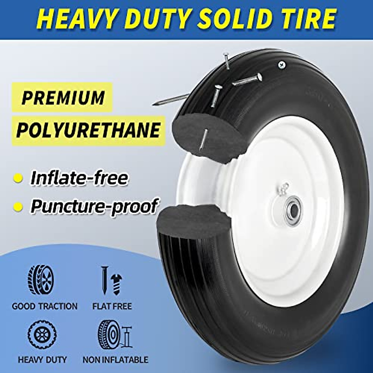 GICOOL 14.5-Inch Wheelbarrow Tire, 3.50-8" Flat-free Solid Tire and Wheel with 5/8" Axle Bore Hole, 3" -6" Centered Hub for Wheelbarrow Gorilla Cart Trolley Dolly Lawn Mover Go Kart Replacement