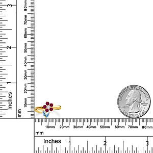 18K Yellow Gold Plated Silver Swiss Blue Topaz Red Created Ruby and White Lab Grown Diamond Flower Open Ring For Women (0.54 Cttw, Gemstone November Birthstone, Available In Size 5, 6, 7, 8, 9)