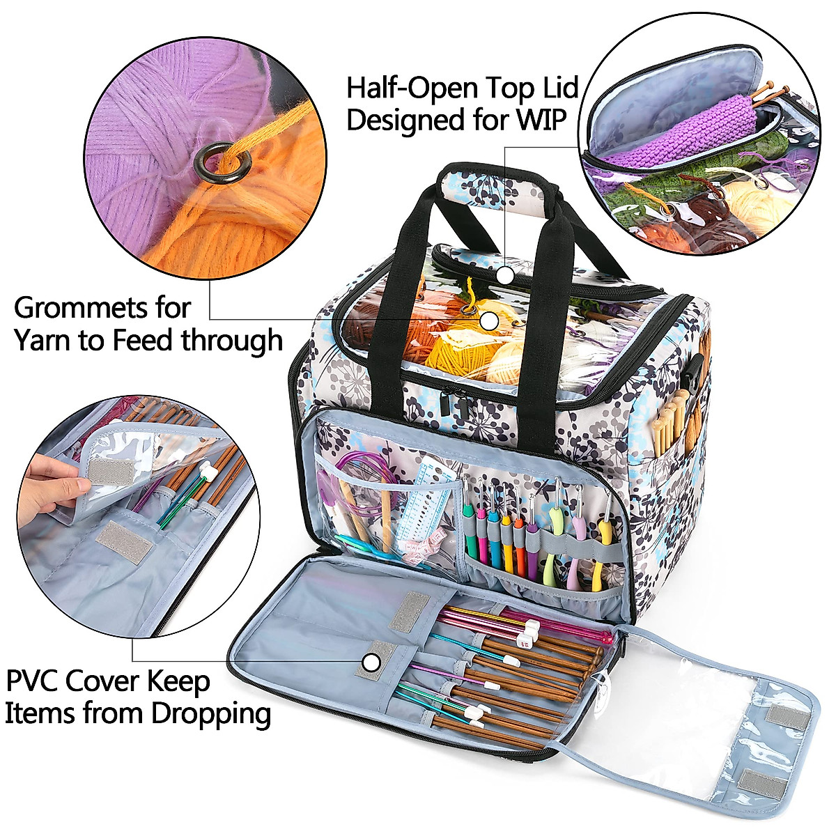 Teamoy Yarn Storage Bag, Travel Knitting Tote Bag with Foldable Inner Dividers for WIP, Yarn Skeins and Knitting Accessories, Purple