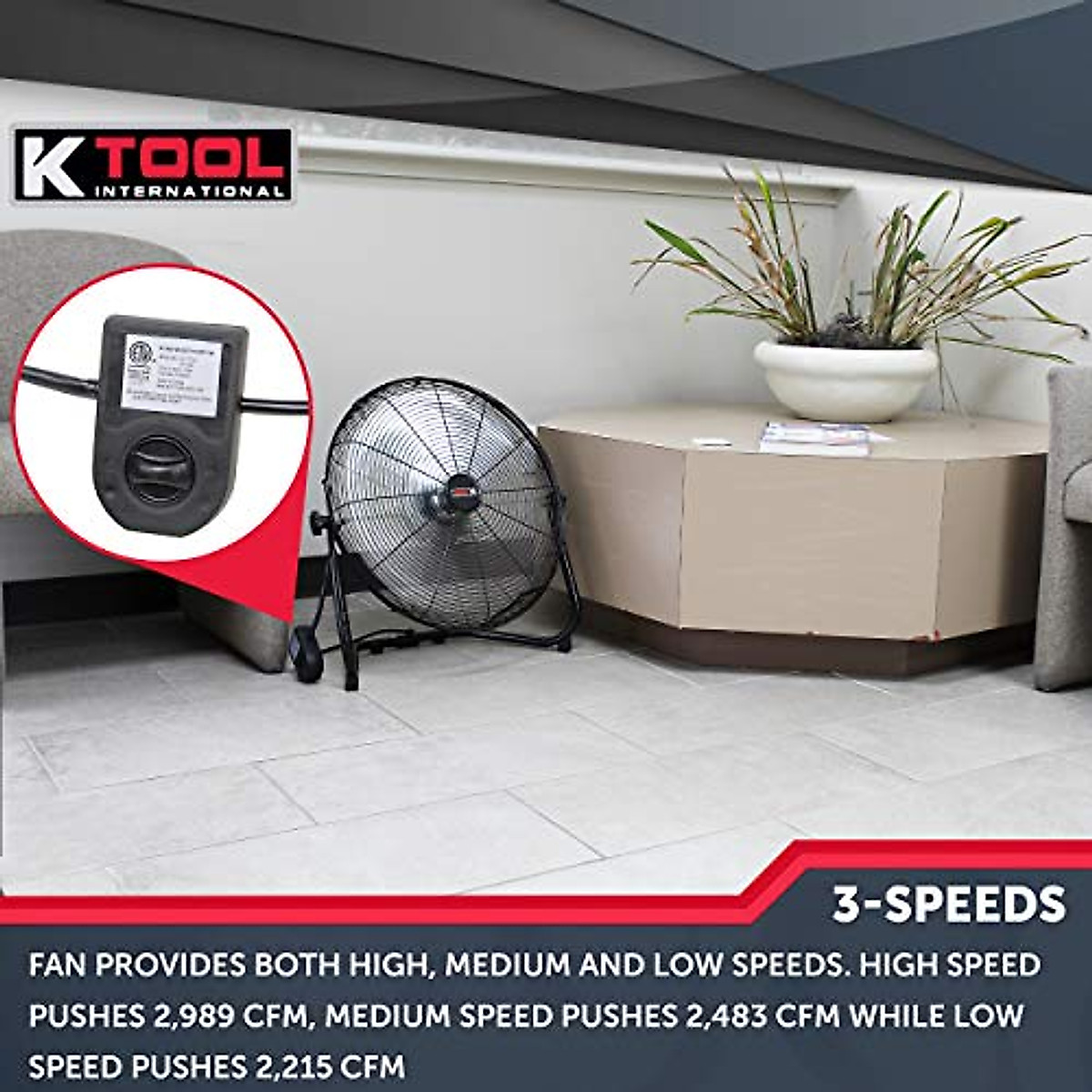 K Tool International 77722; 20 Inch, High Velocity Quick Mount Floor Fan, Converts to Wall Fan, 3- Speed Motor, 360 Degree Tilt, Ideal Fan for Home or Office, 5.5 Foot Cord, 2,989 Max CFM, Black