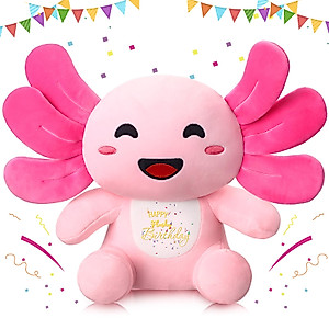 HyDren 10 Inch Happy Plushy Birthday Plush Pink Axolotl Plush Soft Cute Stuffed Animal Plush Pillow Kawaii Birthday Gifts for Kids Girls Party Favor Bedroom Home Decor