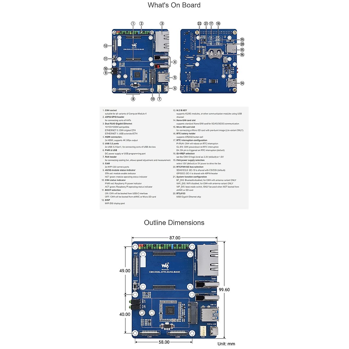 Dual Gigabit Ethernet 5G/4G Cellular Support Base Board Designed for Raspberry Pi Compute Module 4(CM4)