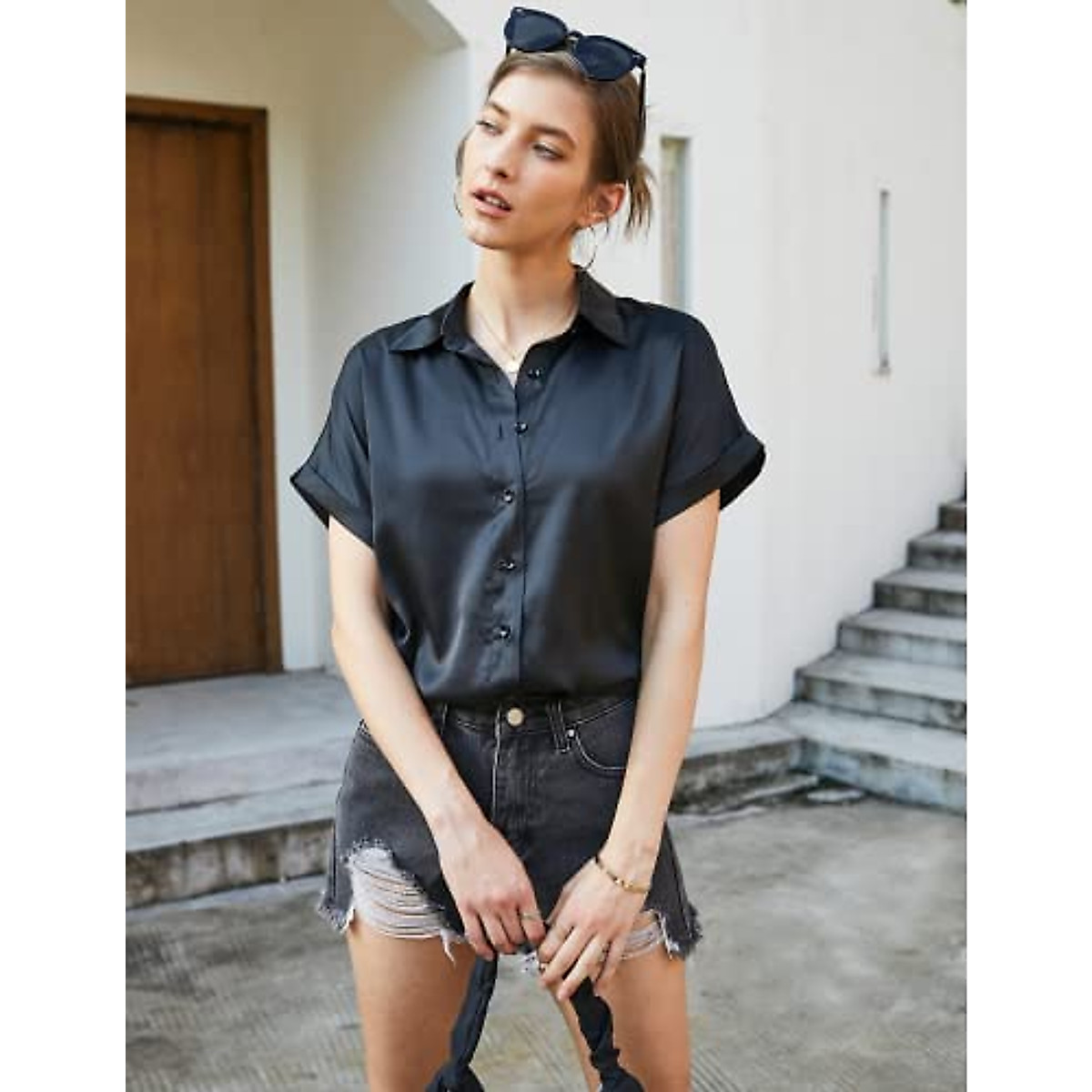 Chigant Silk Blouse Short Sleeve Button Down Shirts Satin V-Neck Tunic Top Black