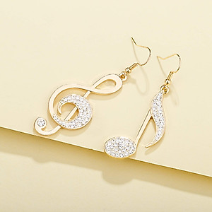 Women Dangle Earrings with Music Note Drop - CZ Clear Crystal Musical Fans Clip on Hook Earring, Rhinestone Fashion Costume Jewelry for Girls…