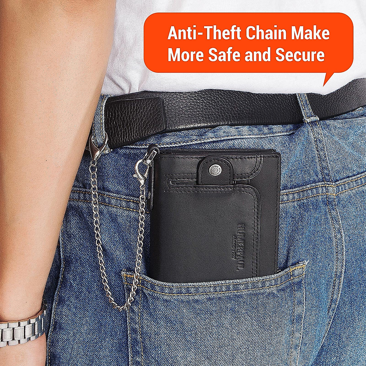 HUMERPAUL Chain Wallet for Men, Genuine Leather Bifold Wallets Rfid Blocking Men Purse with Zipper Coin Pocket (Black)