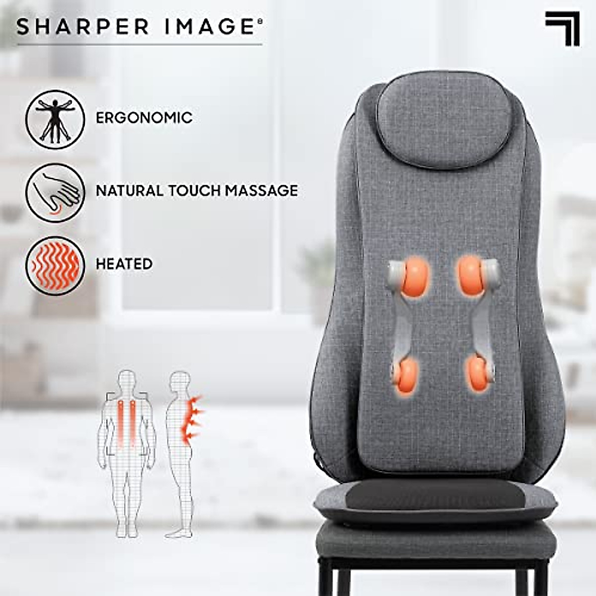 Sharper Image Smartsense Shiatsu Realtouch Massaging Chair Pad with Extra Cushion, Soothing Heat, 4 Deep Kneading Gel Nodes, Pain Relief for Neck, Back, Shoulders, Lumbar, Pressure Points Body Scan