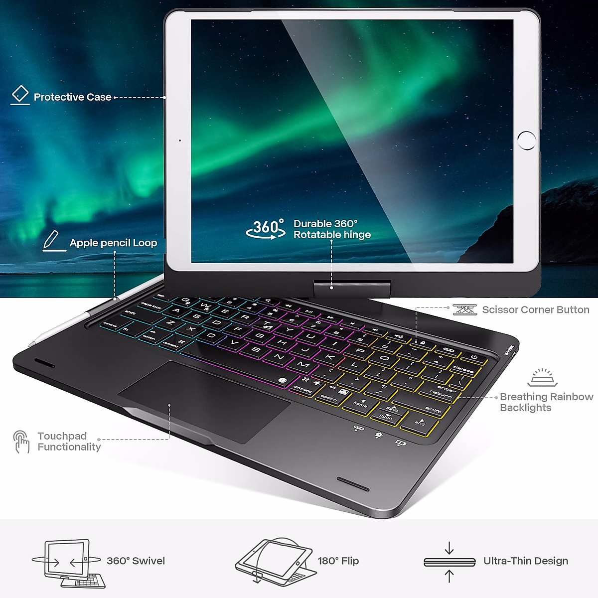 NOKBABO iPad 9th Generation Case with Keyboard 360° Rotatable Touchpad and 7 Color Backlight & Pencil Holder for iPad 9th/8th/7th Gen 10.2 inch & iPad Air 3rd Gen/iPad Pro 10.5 inch - Black