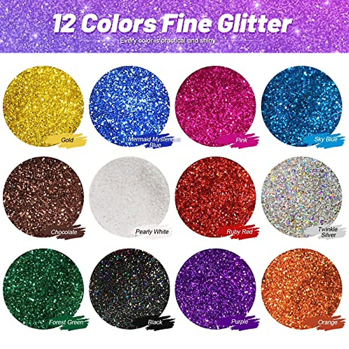 12 Pieces Fine Glitter, FANDAMEI 12 Colors 10g Glitter Shake Jar Set, Extra Fine Glitter Powder for Arts, Crafts, Painting, Decoration, Body Face Makeup, Nail Art, Pigment