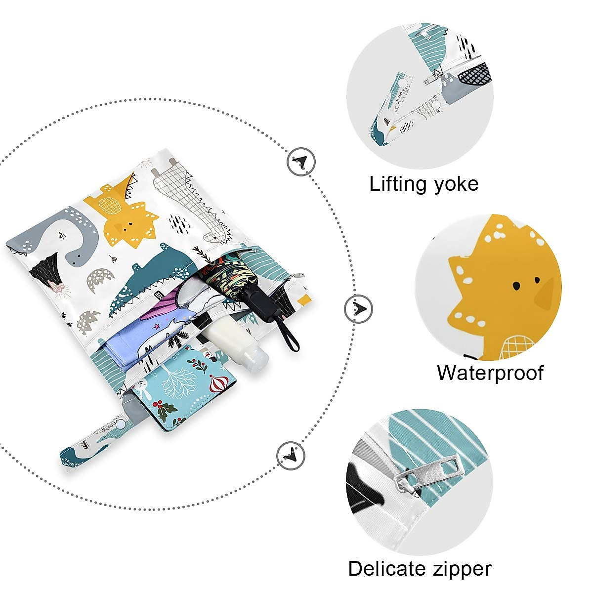 KEEPREAL 2Pcs Travel Wet and Dry Bag, Reusable Wet Bags Organizer with Two Zippered Pocket for Cloth Diaper, Swimsuit, Gym Clothes，Dino Scandinavian Style