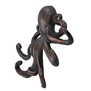 Decorative Cast Iron Octopus 5 Arm Wall Hook - Rustic Copper Finish