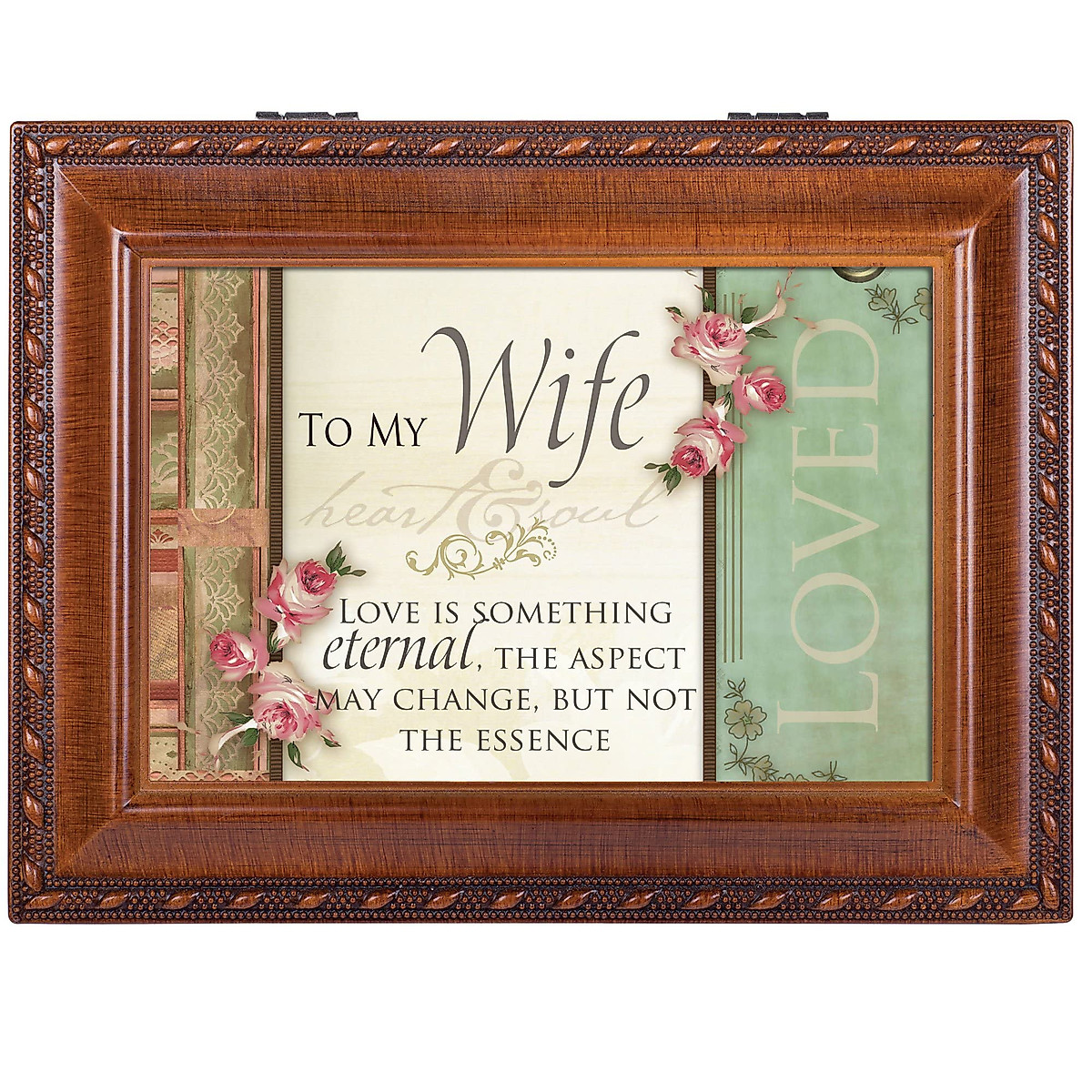 Cottage Garden to My Wife Love Eternal Woodgrain Rope Trim Jewelry Music Box Plays Unchained Melody