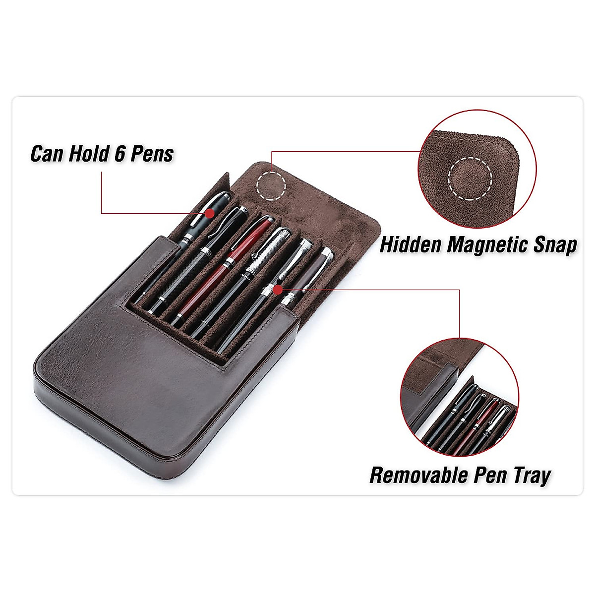 CataPurus Top Grain Genuine Leather 6 Pencil/Pen Tray Case Organizer, Fashion Design No Logo, Handmade, Magnetic Closure with Drawer Design, Gift Choice for Man/Woman/Office, Glossy Coffee, 6 Slots