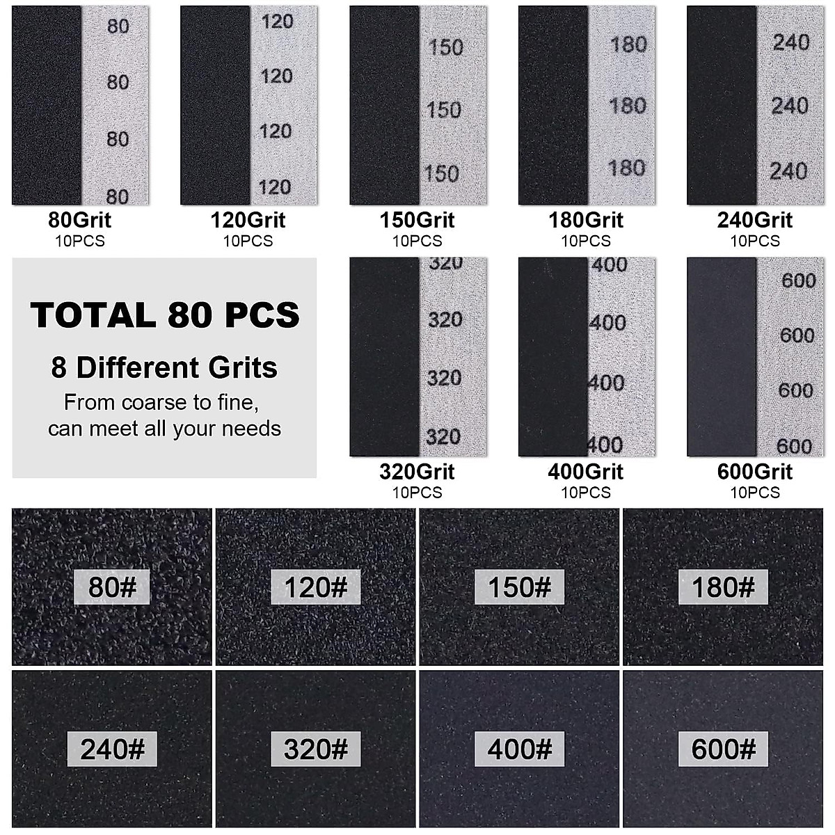 POLIWELL Micro Sander Tool, Detail Finger Sander for Crafts, 80 PCS Wet Dry Sandpaper 80 120 150 180 240 320 400 600 Grit + 3.5” x 1” Mini Handle Sanding Block for DIY, Wood, Metal and Narrow Spaces