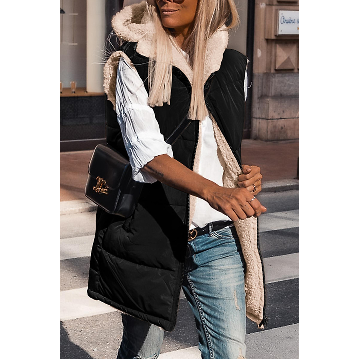 PRETTYGARDEN Womens 2025 Fall Reversible Vests Sleeveless Fleece Jacket Zip Up Hoodie Pockets Long Warm Winter Coat Outerwear (Black,Small)