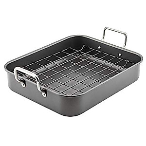 Rachael Ray Bakeware Nonstick Roaster/Roasting Pan with Reversible Rack, 16.5 Inch x 13.5 Inch, Gray