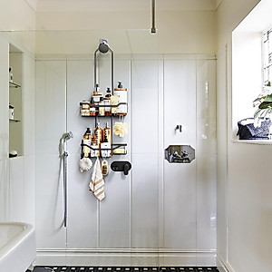 Skyapex Shower Caddy Hanging Shelf: Over Shower Head Adjustable Height Organizer for Tall Bottle No Blocking to Showerhead - Extra Long Rack for Bathroom